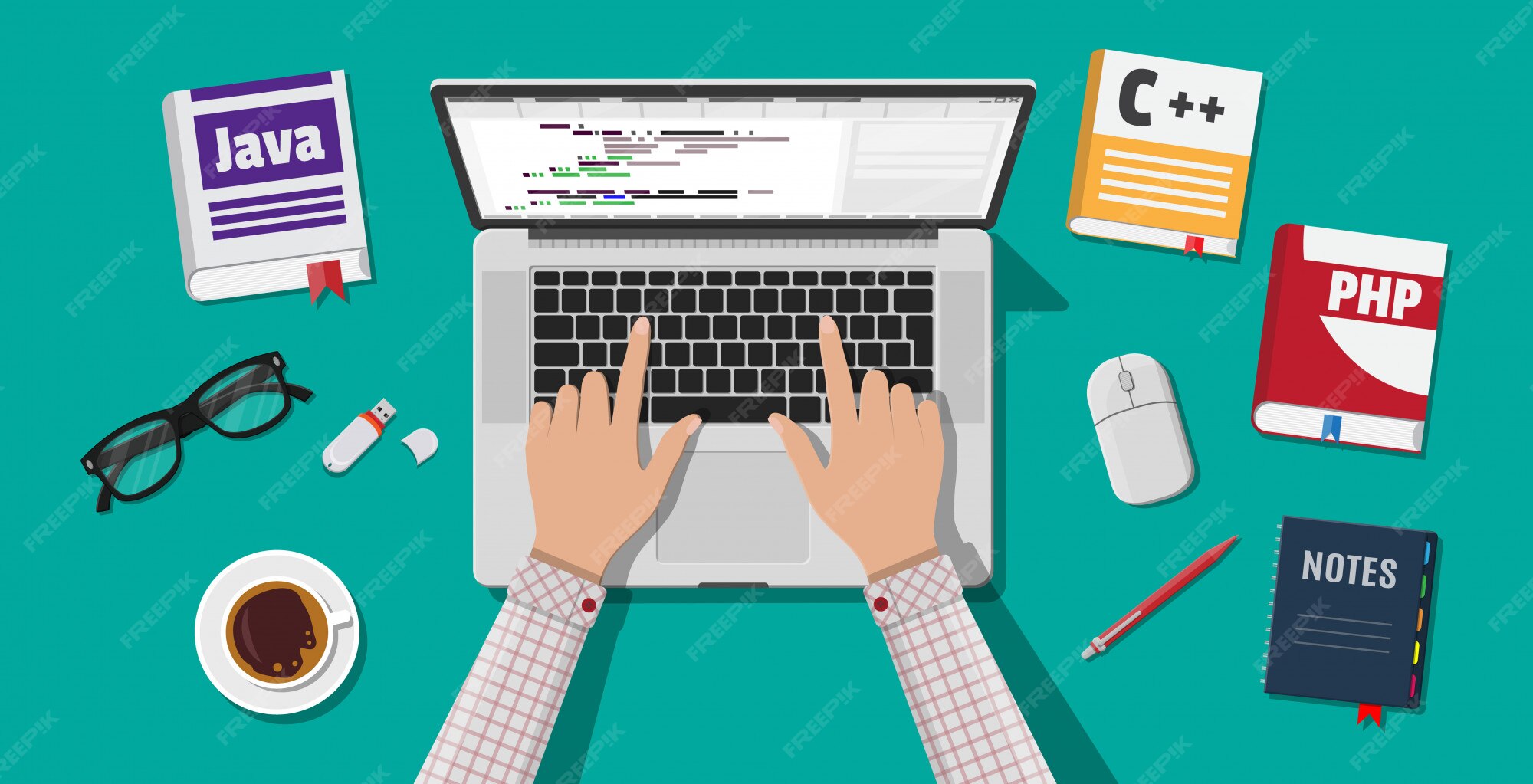 Premium Vector | Workplace of programmer or coder.