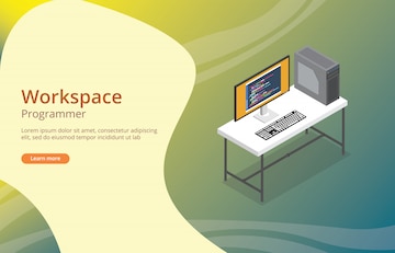 Premium Vector | Workspace programmer or developer with coding on screen