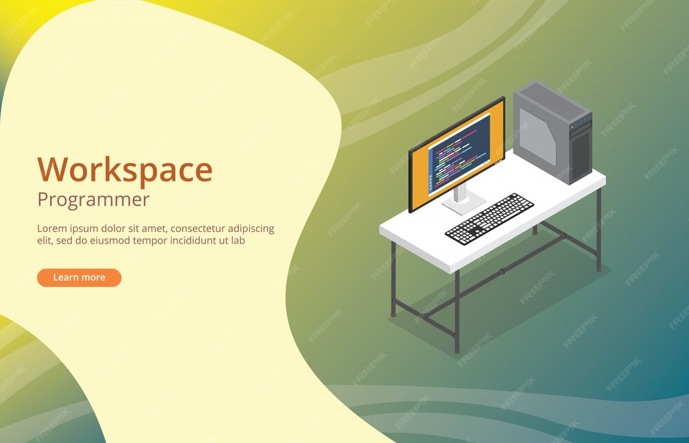 Premium Vector | Workspace programmer or developer with coding on screen