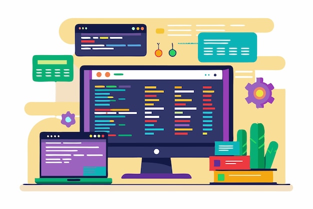 A workstation with multiple screens displaying colorful code snippets ... A workstation with multiple screens displaying colorful code snippets ...