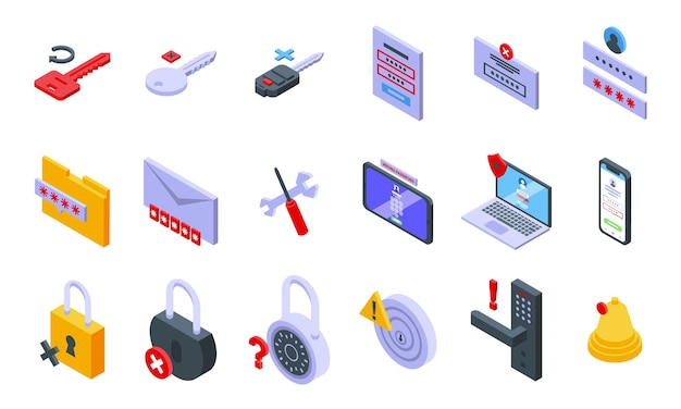 Premium Vector | Wrong password icons set isometric vector key lock Premium Vector | Wrong password icons set isometric vector key lock