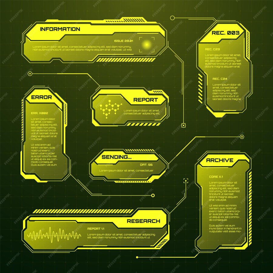 黄色の未来的な Hud Ui 要素 Scifi ユーザー インターフェイスのテキスト ボックスの吹き出し警告メッセージ フレーム情報ボックス