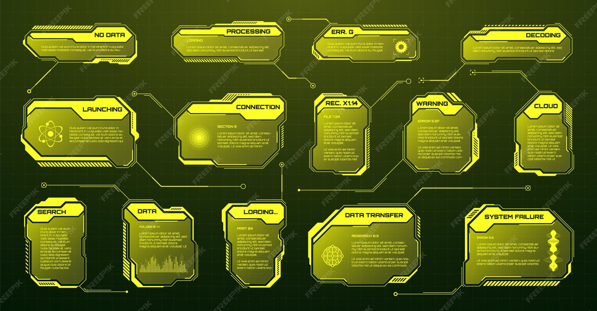 黄色の未来的な Hud Ui 要素 Scifi ユーザー インターフェイスのテキスト ボックスの吹き出し警告メッセージ フレーム情報ボックス