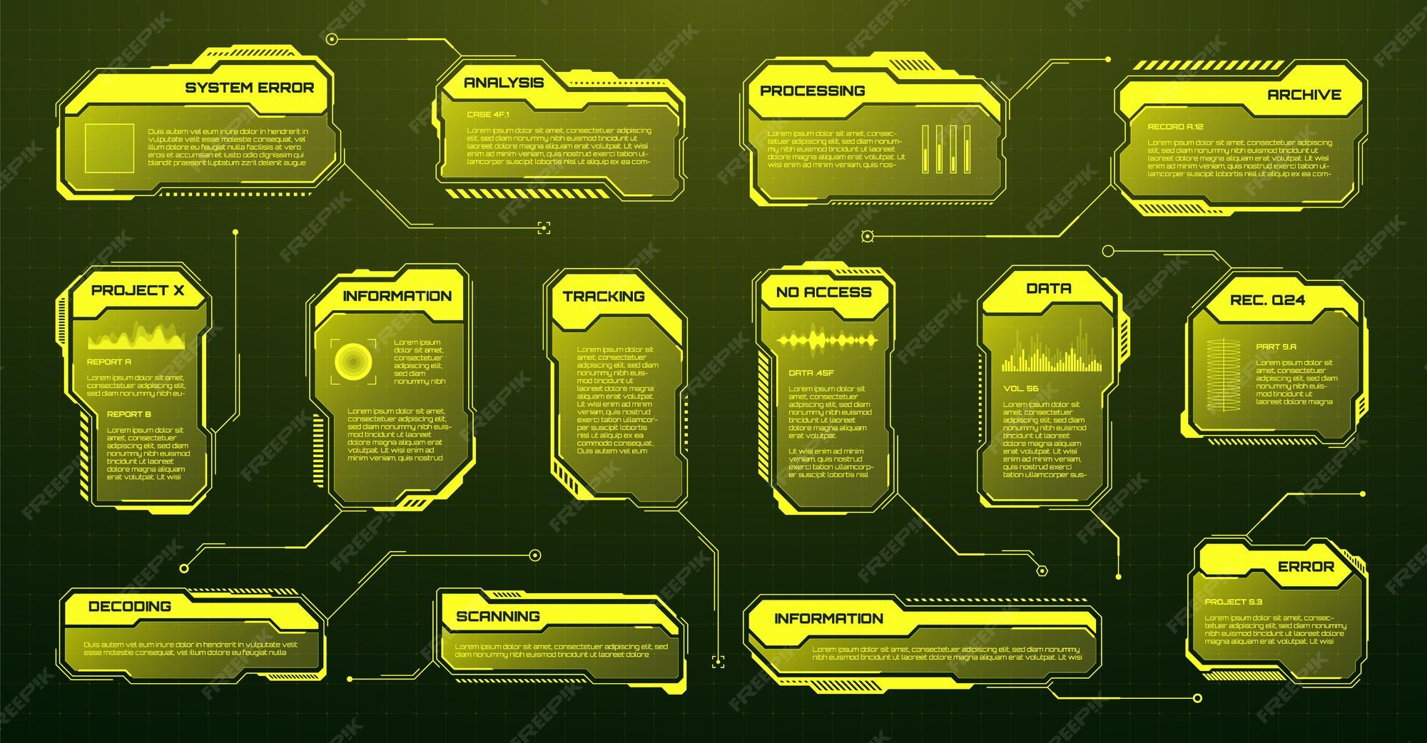 黄色の未来的な Hud Ui 要素 Scifi ユーザー インターフェイスのテキスト ボックスの吹き出し警告メッセージ フレーム情報ボックス