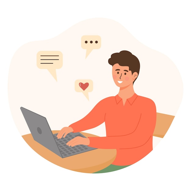 Premium Vector | Yong man sitting at the table and using laptop boyl ... Premium Vector | Yong man sitting at the table and using laptop boyl ...