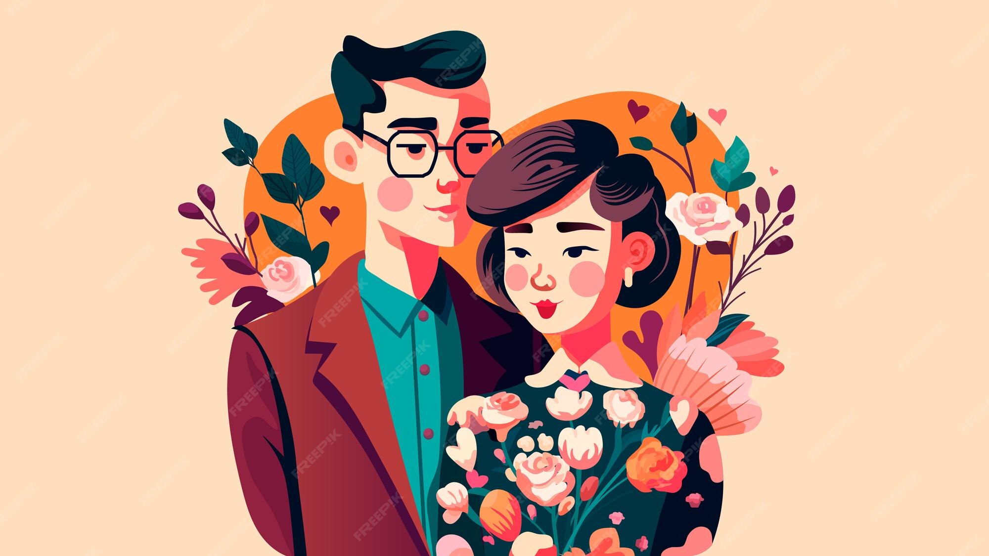 Premium Vector Young Couple In Love Man Woman Standing Together Happy