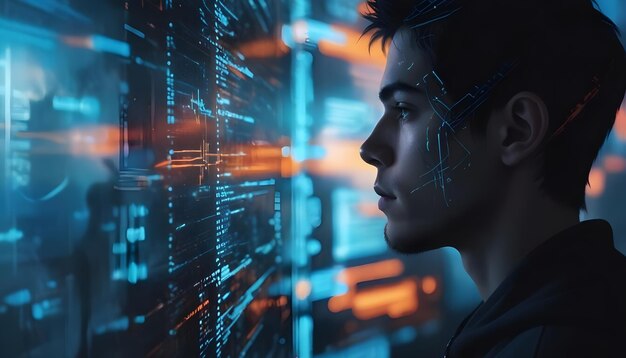 Premium Vector | Young man in profile looking at a futuristic ...