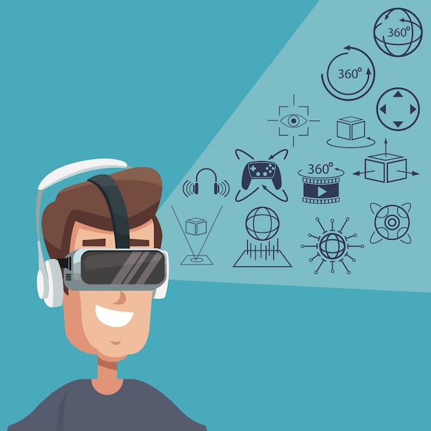 Premium Vector | Young man virtual reality wearing goggle digital interface Premium Vector | Young man virtual reality wearing goggle digital interface