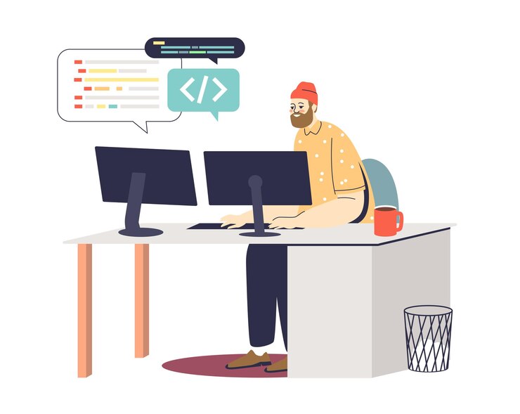 Premium Vector | Young programmer at workplace coding and developing ...
