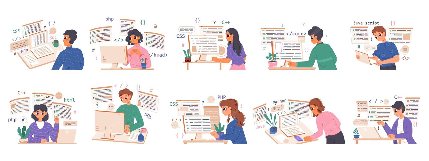 Premium Vector | Young programmers study and work Happy woman ...