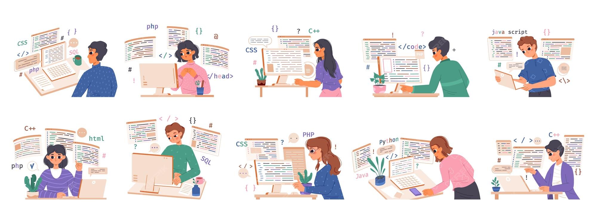 Premium Vector | Young programmers study and work Happy woman ...