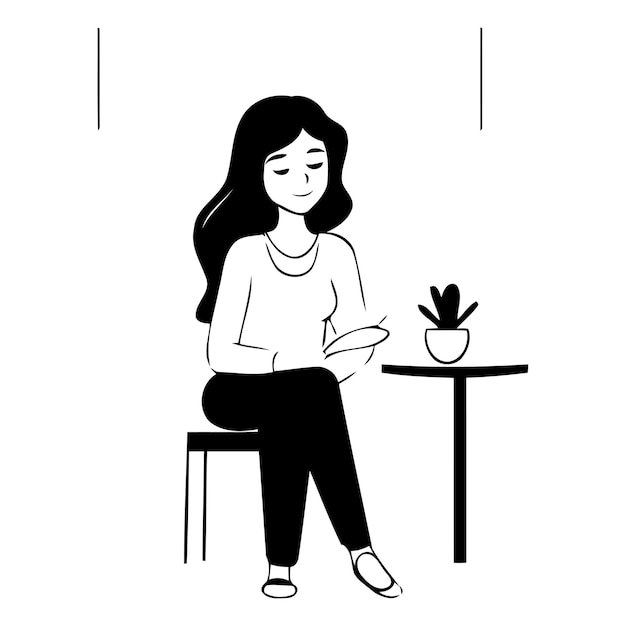Premium Vector Young Woman Reading A Book Sitting In A Cafe Vector
