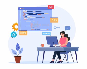 Premium Vector | Young woman working on the computer Programmer or ...