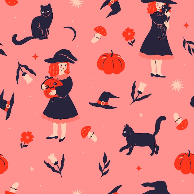 Halloween wzór z czarownicami czarne koty i dynie Grafika wektorowa ... Halloween wzór z czarownicami czarne koty i dynie Grafika wektorowa ...