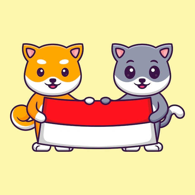 Ilustracja wektorowa ładny pies shiba inu i kot trzymający indonezyjską ... Ilustracja wektorowa ładny pies shiba inu i kot trzymający indonezyjską ...