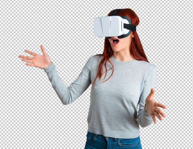 Chica Joven Pelirroja Con Gafas Vr Experiencia De Realidad Virtual Archivo Psd Premium