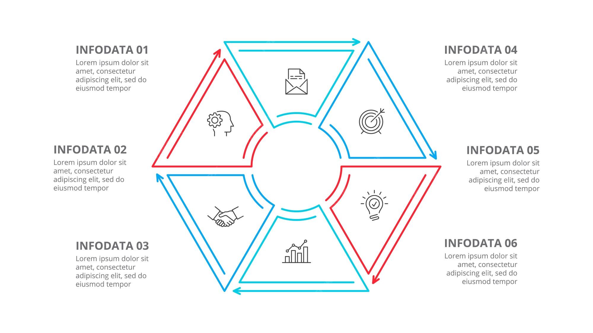 Diagrama de ciclo hexagonal de linha fina Infográfico com 6 opções ... Diagrama de ciclo hexagonal de linha fina Infográfico com 6 opções ...