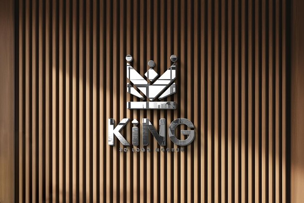 Mockup de logotipo de aço 3d em parede de madeira moderna | PSD Premium Mockup de logotipo de aço 3d em parede de madeira moderna | PSD Premium