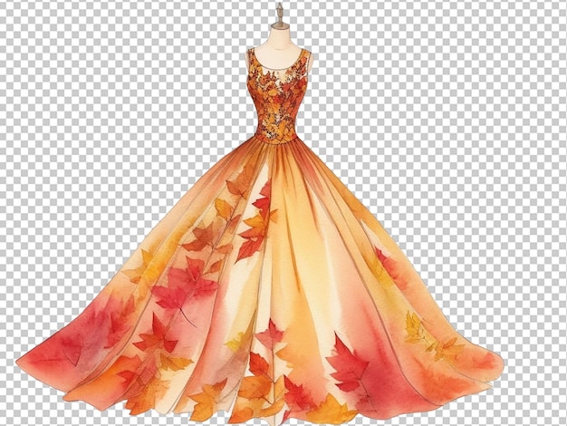 Vestido de noite longo feito folhas de outono ilustração de moda e ... Vestido de noite longo feito folhas de outono ilustração de moda e ...