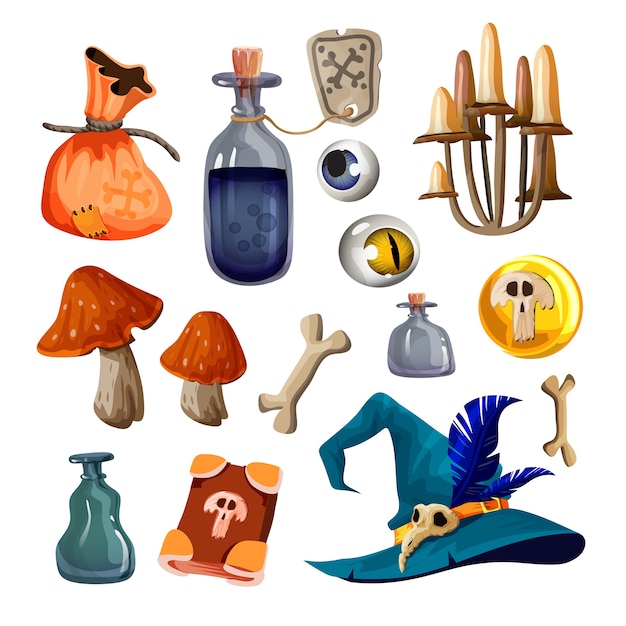 Un Ensemble D'objets Magiques De Sorcière. Chapeau, Personnel, Flacons ... Un Ensemble D'objets Magiques De Sorcière. Chapeau, Personnel, Flacons ...
