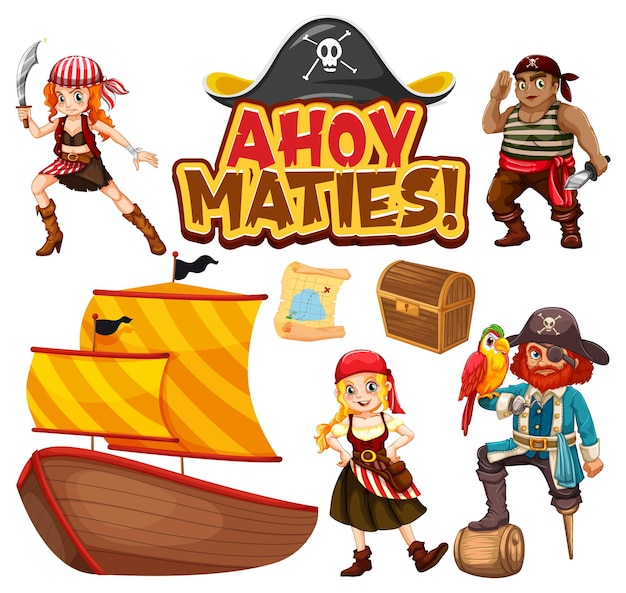Ensemble De Personnages Et Dobjets De Dessins Animés Pirates Vecteur