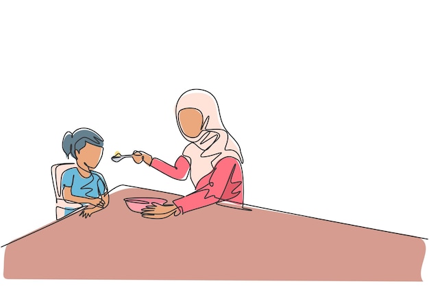 Dessin Au Trait Continu Unique Dune Jeune Maman Islamique Nourrissant