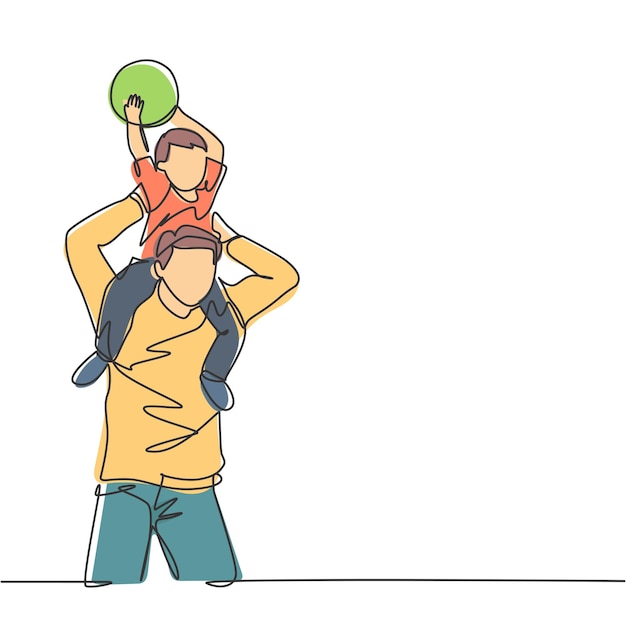 Un Dessin Au Trait Dun Jeune Père Heureux Lève Son Fils Sur Lépaule