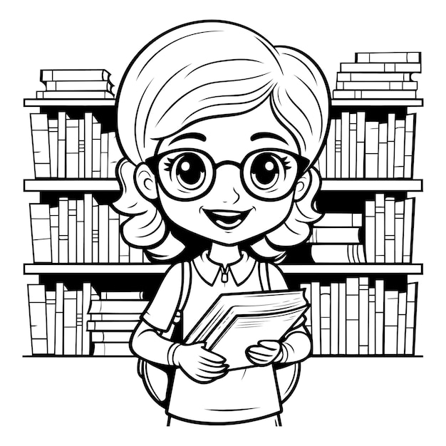 Une écolière mignonne avec des lunettes et des livres dans la ... Une écolière mignonne avec des lunettes et des livres dans la ...