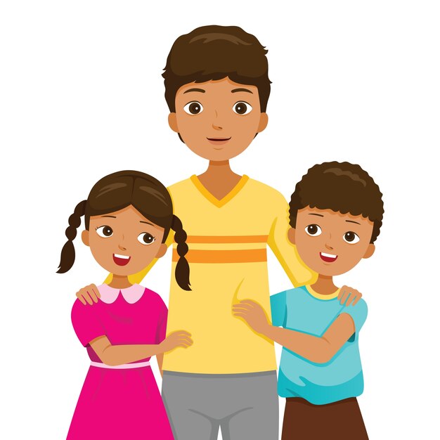 Fille Et Fils étreignant Leur Père, Famille à La Peau Foncée Heureux ... Fille Et Fils étreignant Leur Père, Famille à La Peau Foncée Heureux ...