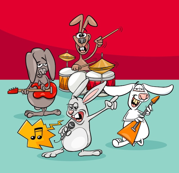 Illustration De Bande Dessinée De Lapins Musiciens Rock Bande Vecteur