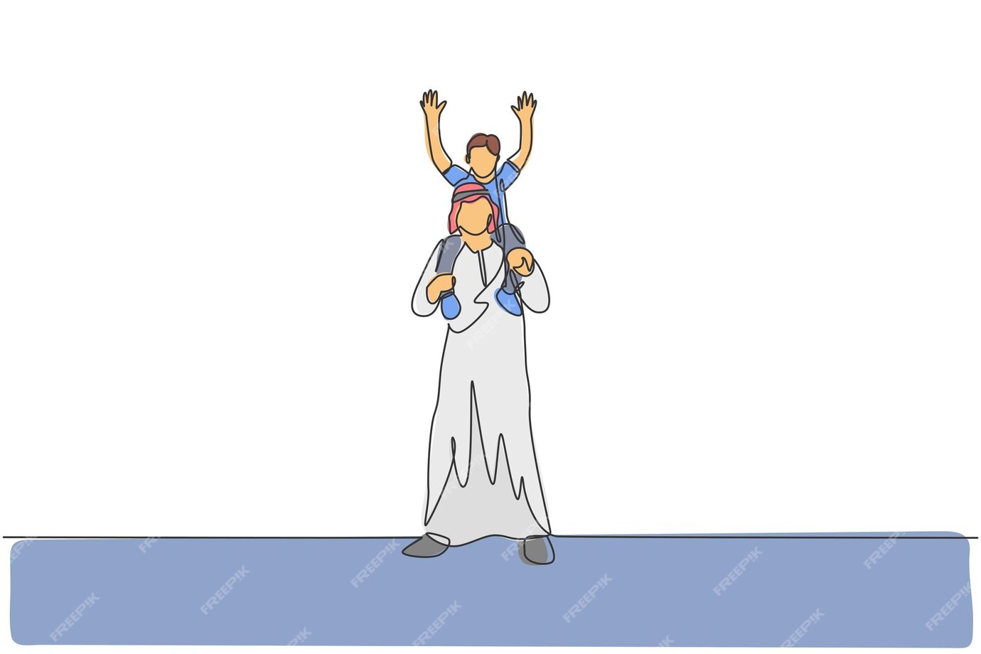 Ligne Continue Unique Dessinant Un Jeune Père Islamique Heureux Jouant