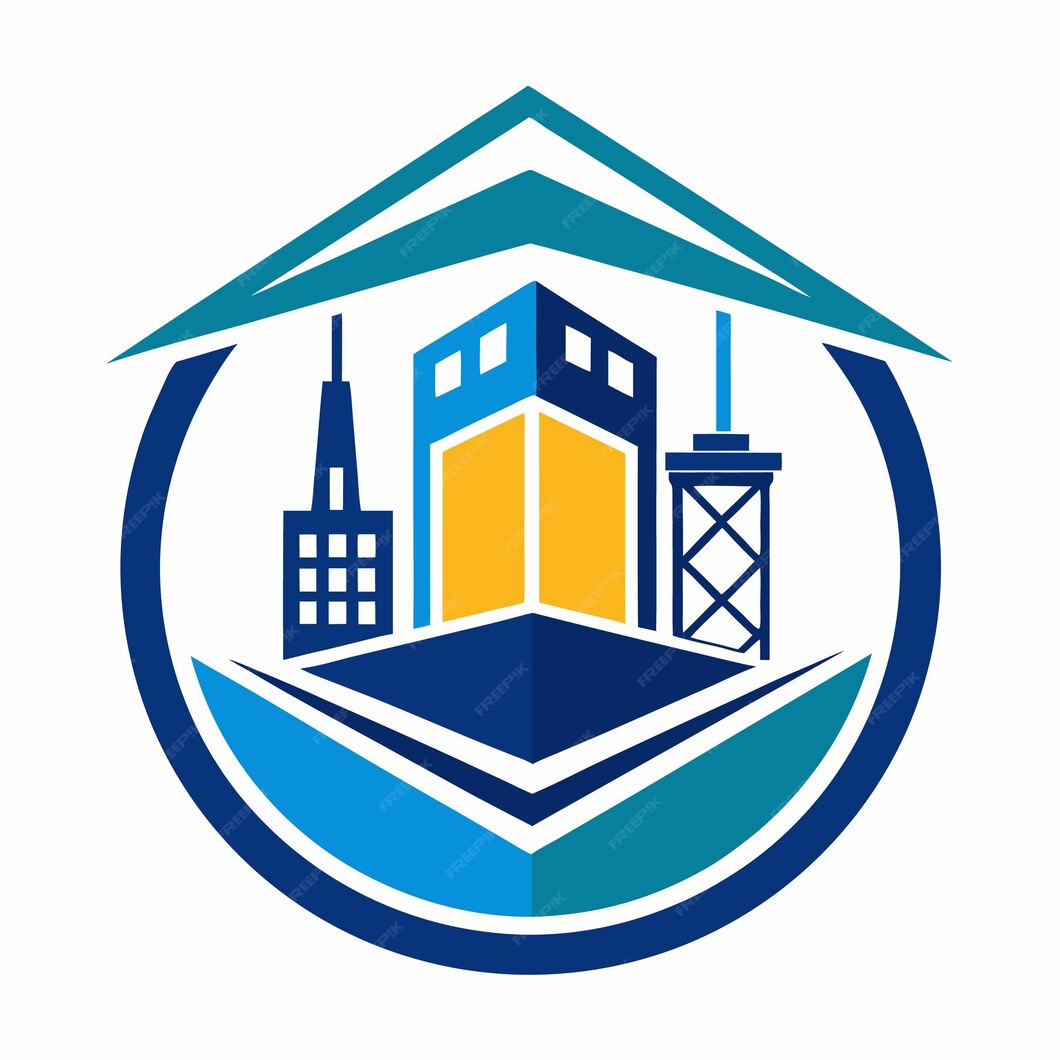 Un logo bleu et jaune pour un bâtiment avec une tour et un bâtiment en ... Un logo bleu et jaune pour un bâtiment avec une tour et un bâtiment en ...