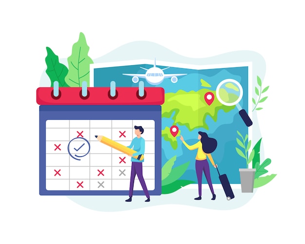 Planification du temps et des destinations de vacances | Vecteur Premium Planification du temps et des destinations de vacances | Vecteur Premium
