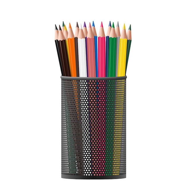 Pot à Crayons En Métal Noir Rempli De Crayons Usagés Colorés Isolés Sur ...