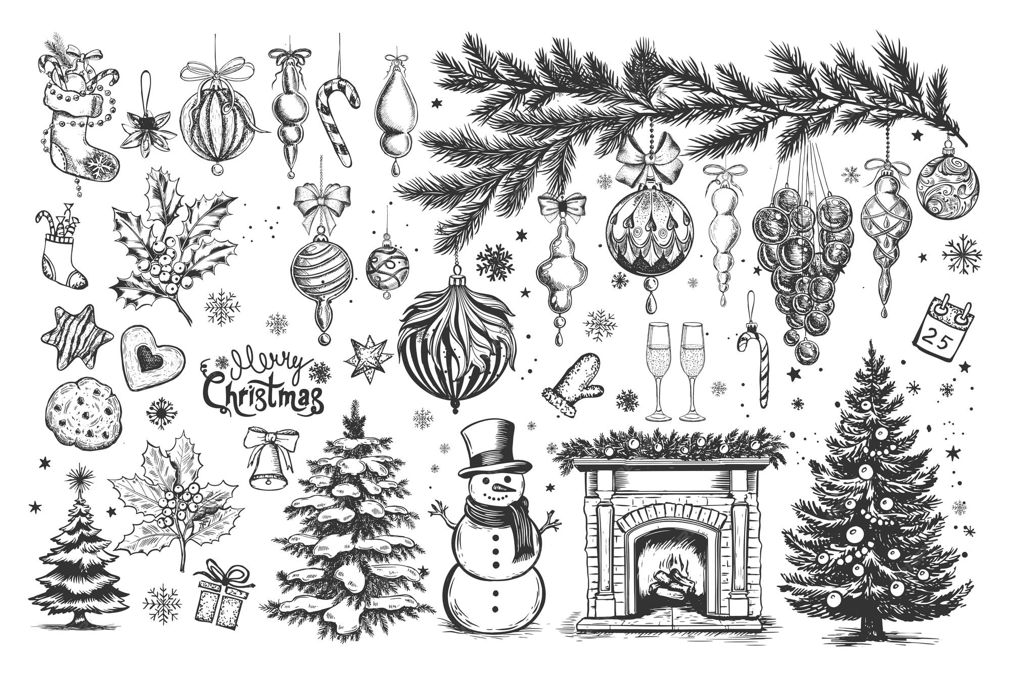 Set De Noël Dans Le Style De Croquis Illustration Dessinée à La Main Vecteur Premium