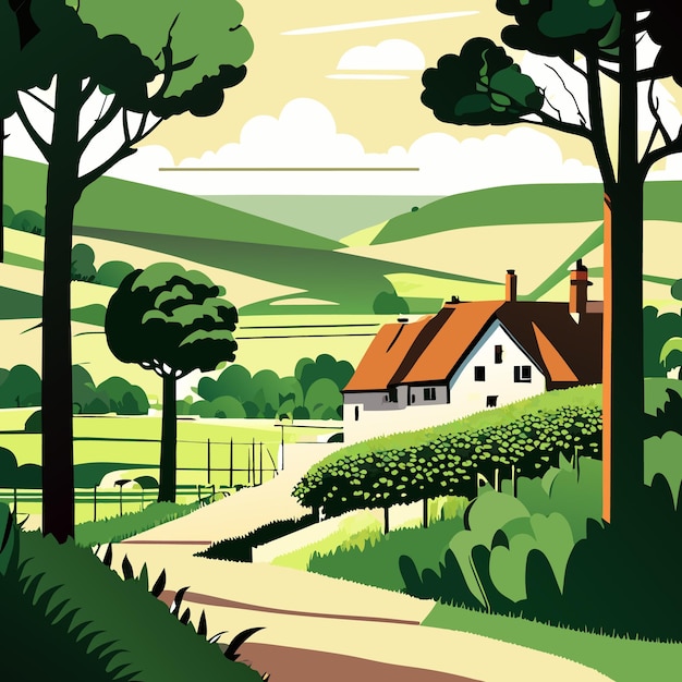 Village Fond Vecteur Plat Couleur Dessin Animé Illustration Jungle