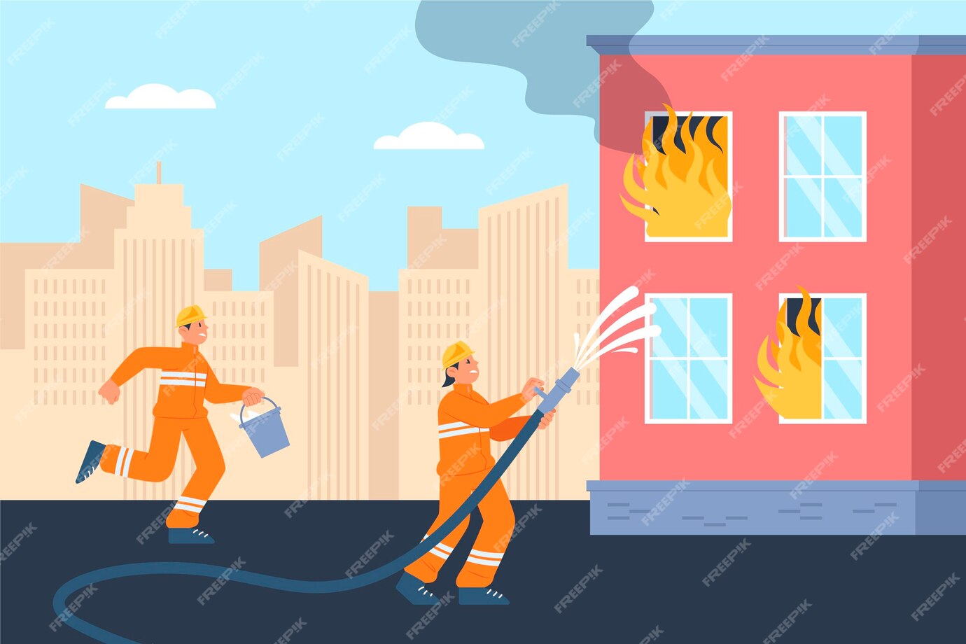 Bomberos dibujados a mano apagando un incendio. | Vector Gratis Bomberos dibujados a mano apagando un incendio. | Vector Gratis