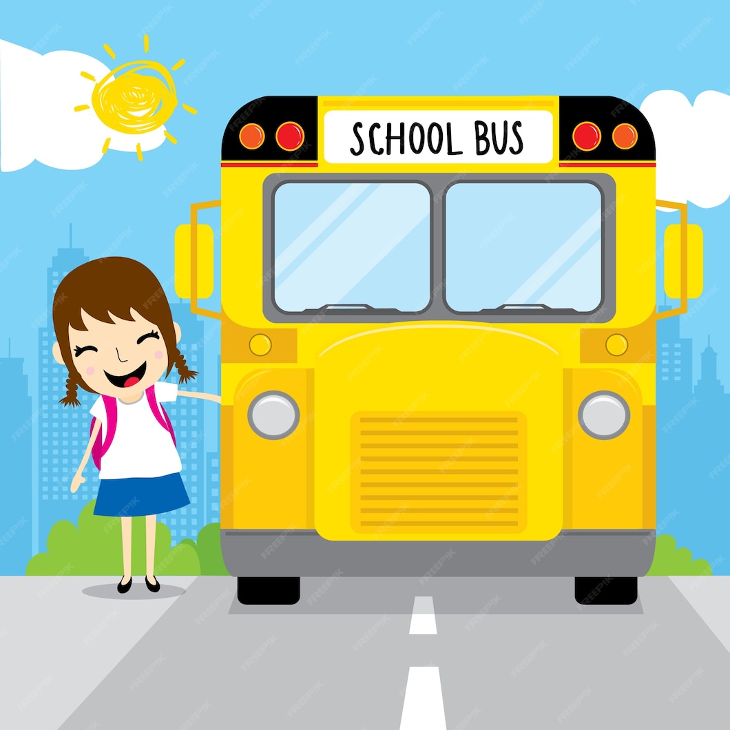 Estudiante chica ir a la escuela en autobús escolar en la caricatura de ... Estudiante chica ir a la escuela en autobús escolar en la caricatura de ...