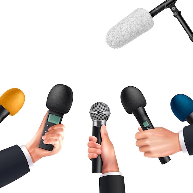 Iconos Realistas De Micrófono Con Manos De Reportero Sosteniendo