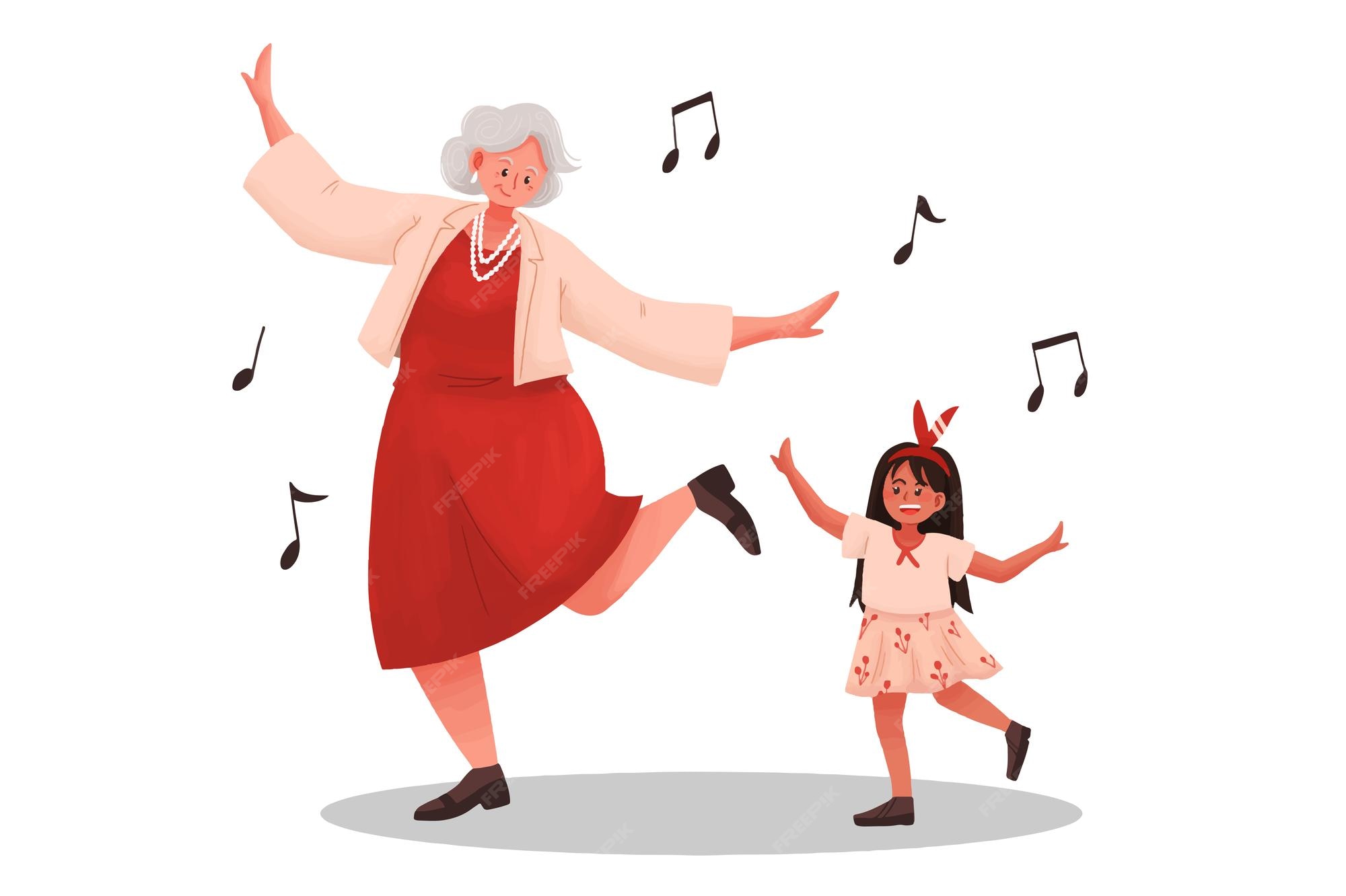 Bailando Con El Vector De Dibujos Animados De La Abuela Vector Premium
