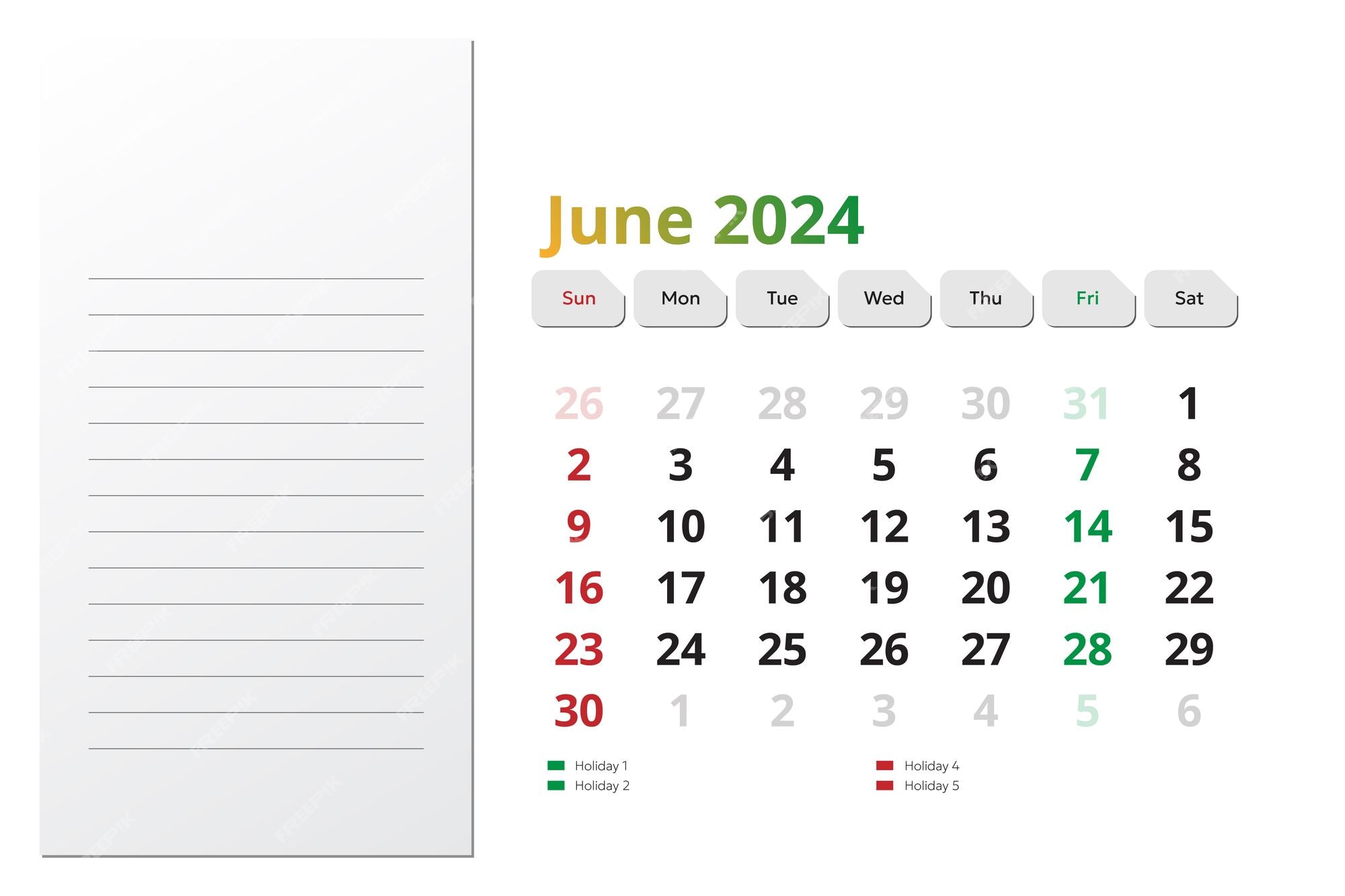 Calendario Junio 2024 Vector Premium Calendario Junio 2024 Vector Premium
