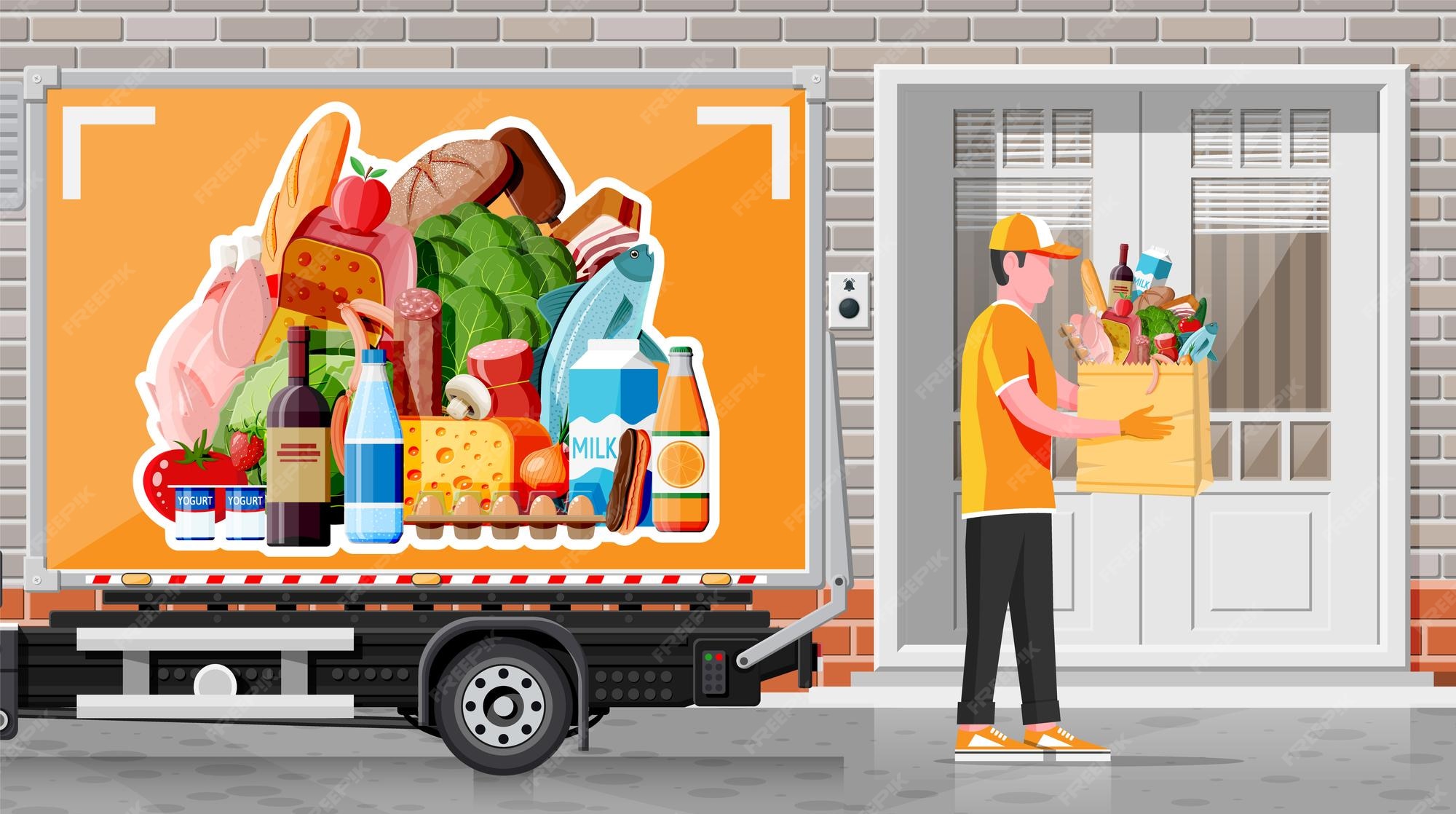 Camión de reparto lleno de comida y mensajería. | Vector Premium Camión de reparto lleno de comida y mensajería. | Vector Premium