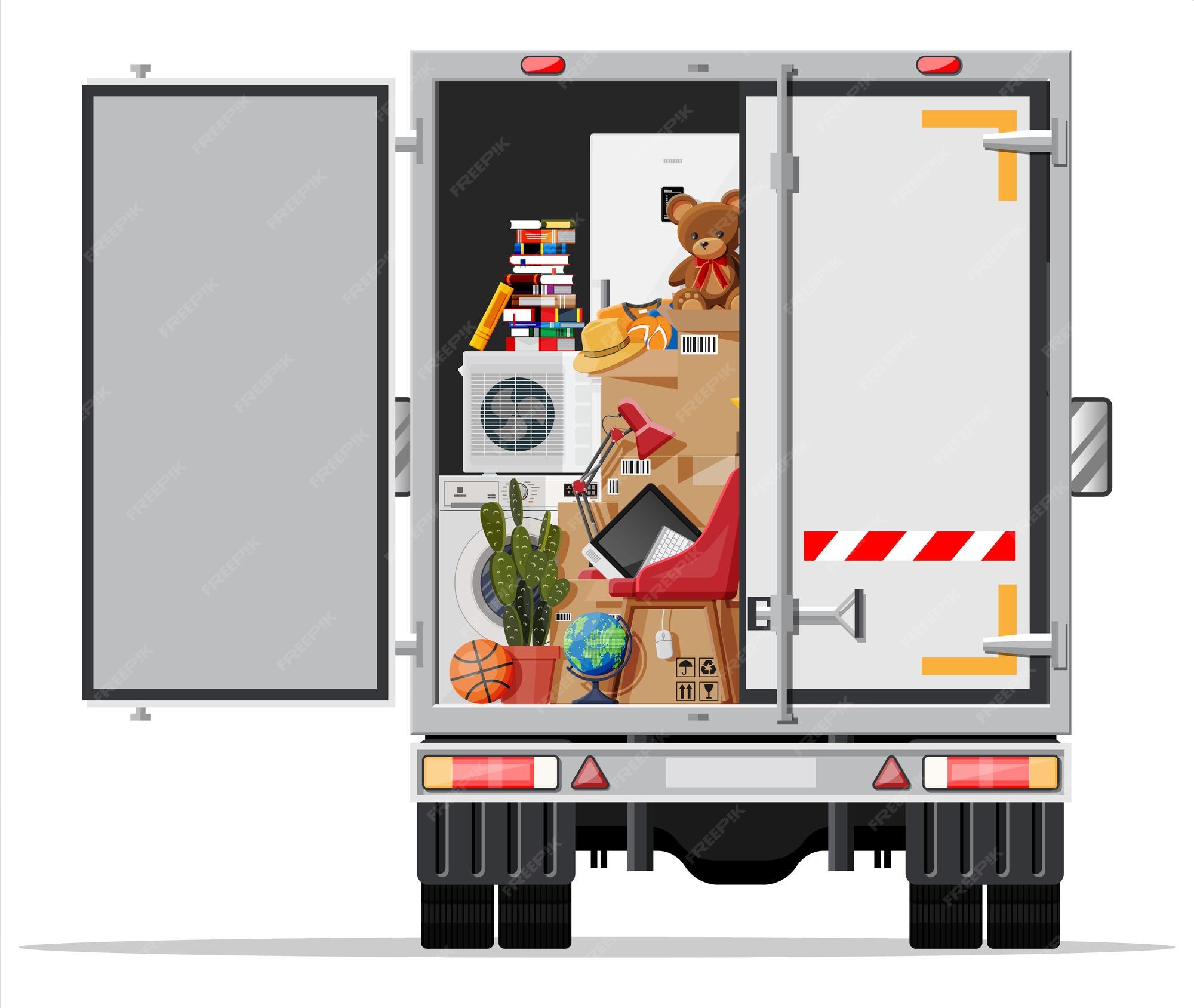 Camión de reparto lleno de cosas caseras dentro | Vector Premium Camión de reparto lleno de cosas caseras dentro | Vector Premium