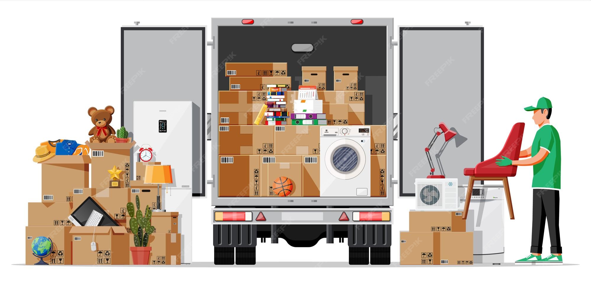 Camión de reparto lleno de cosas caseras dentro | Vector Premium Camión de reparto lleno de cosas caseras dentro | Vector Premium