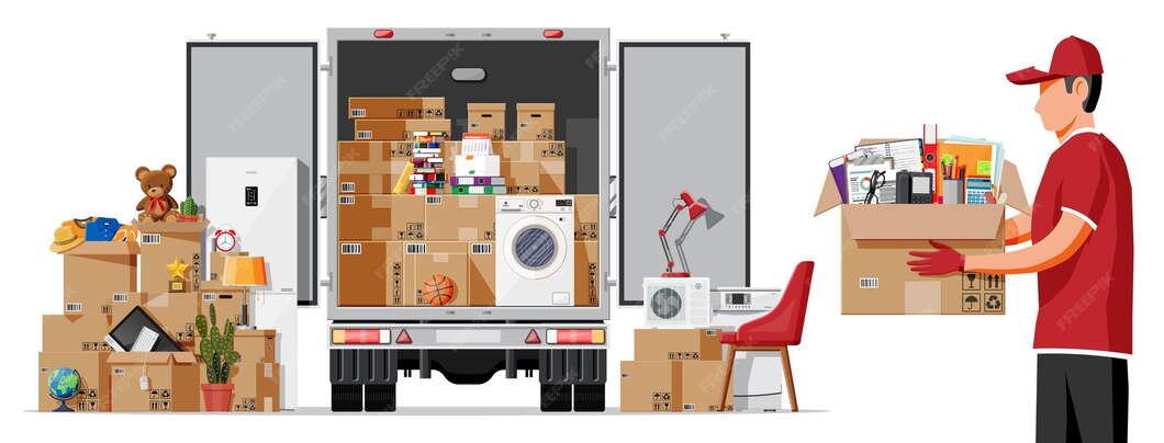 Camión de reparto lleno de cosas caseras dentro | Vector Premium Camión de reparto lleno de cosas caseras dentro | Vector Premium