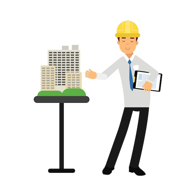 Carácter De Constructor De Arquitecto En Casco Que Presenta Un Modelo