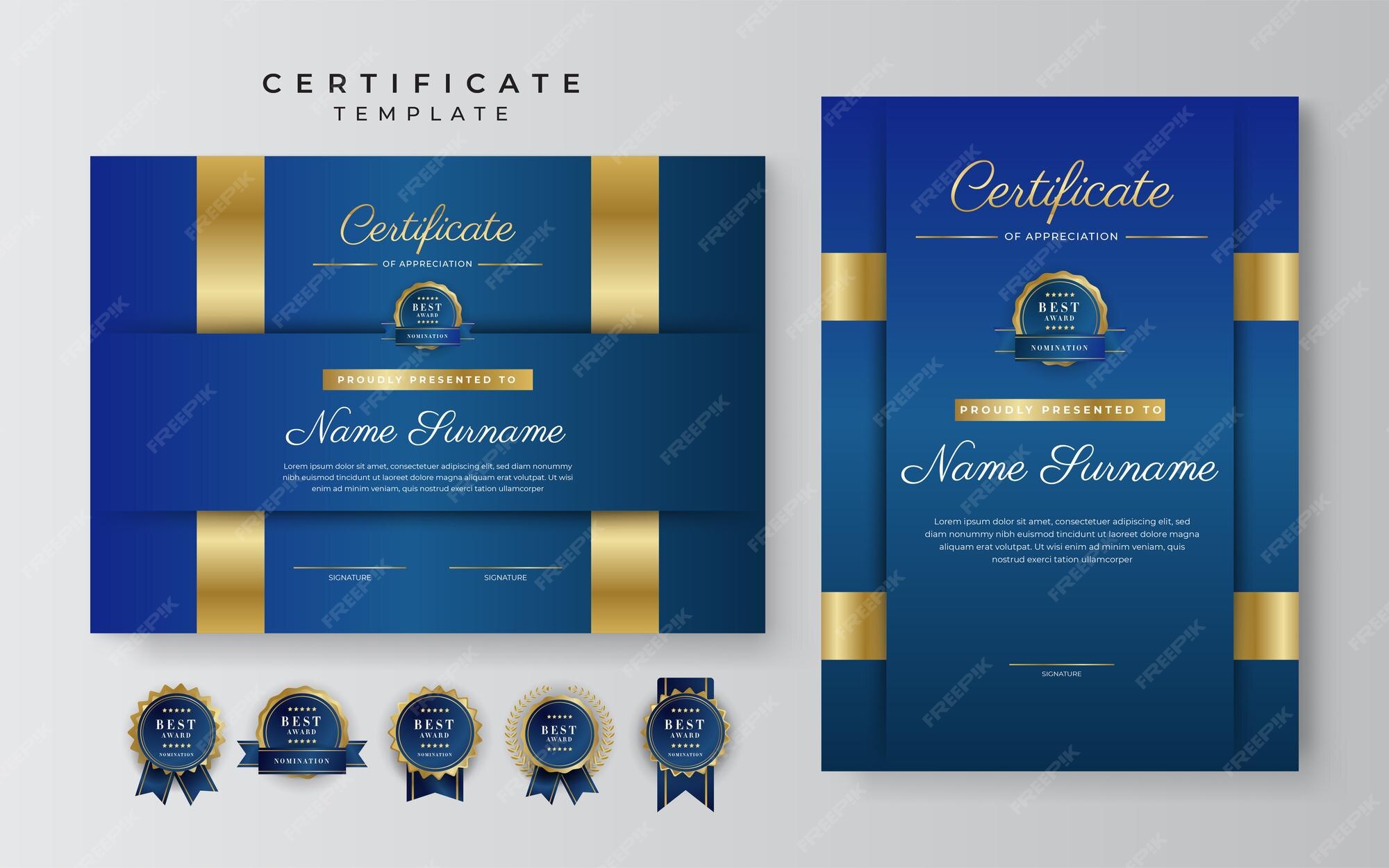 Certificado de plantilla de reconocimiento color dorado y azul ...