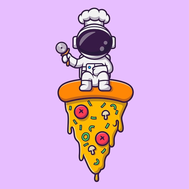 Chef astronauta lindo sosteniendo un cortador de pizza en la ... Chef astronauta lindo sosteniendo un cortador de pizza en la ...