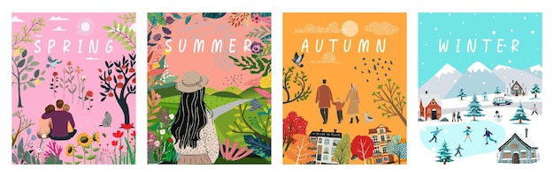 Conjunto de carteles para primavera verano otoño e invierno | Vector ... Conjunto de carteles para primavera verano otoño e invierno | Vector ...