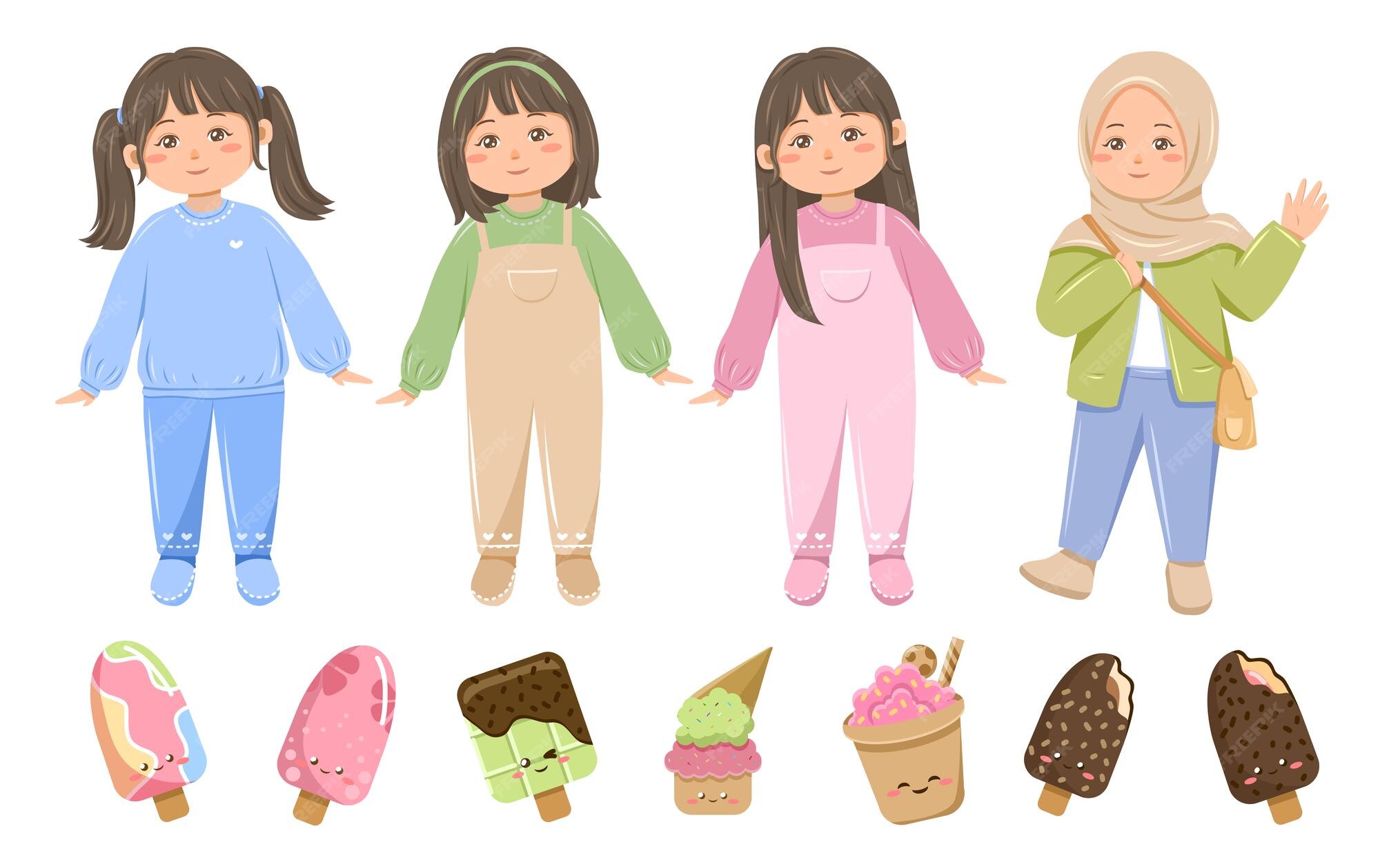 Un conjunto de chicas lindas con pegatina de helado | Vector Premium Un conjunto de chicas lindas con pegatina de helado | Vector Premium
